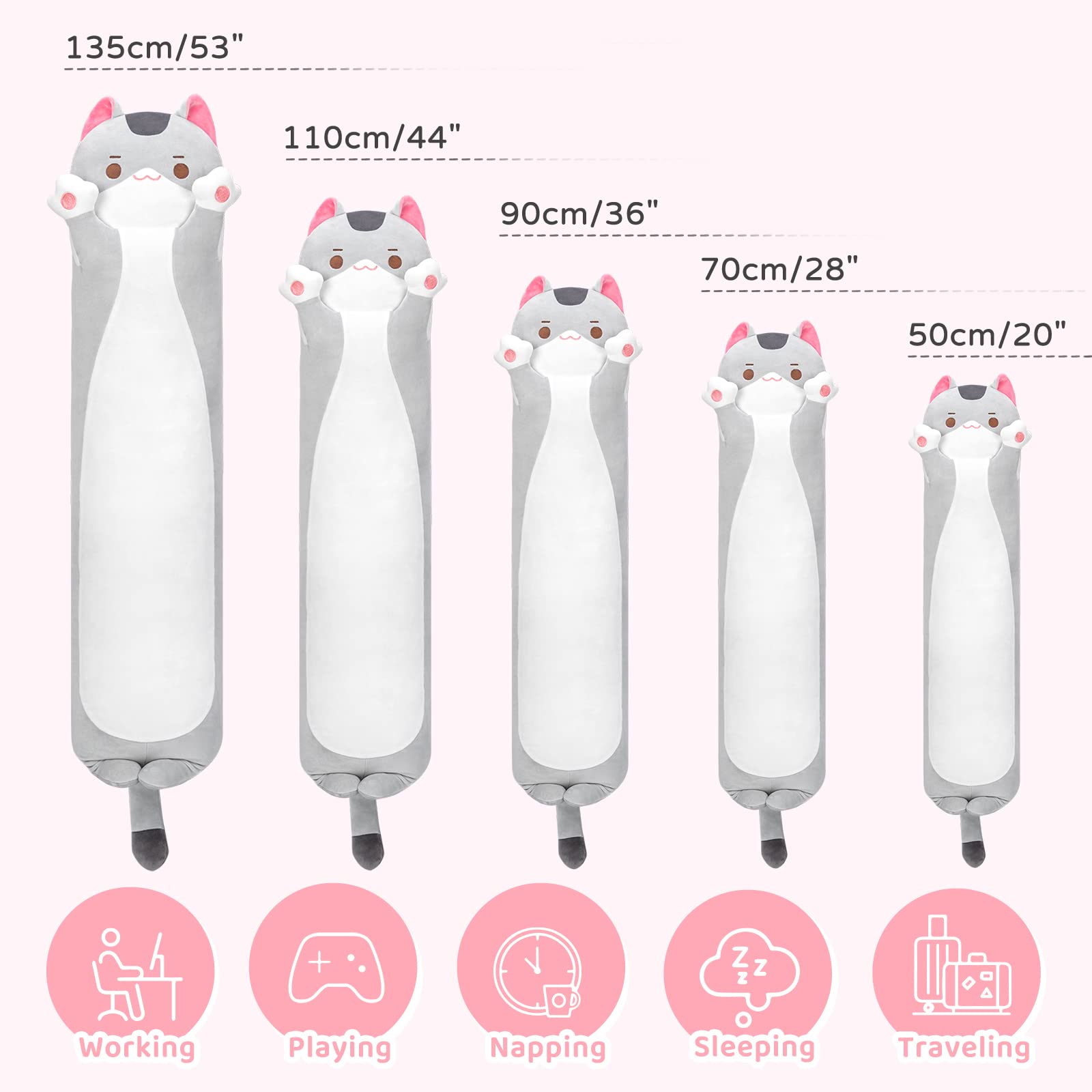 Mewaii Long Cat Plush Kids Body Pillow, 28 Inch Cute Gray Cat Stuffed Animals Soft Plushies, Kitten Kawaii Plush Throw Pillow Doll Toy Gift for Girlfriend, Gray Cat Body Pillow, (27.6in/70cm)