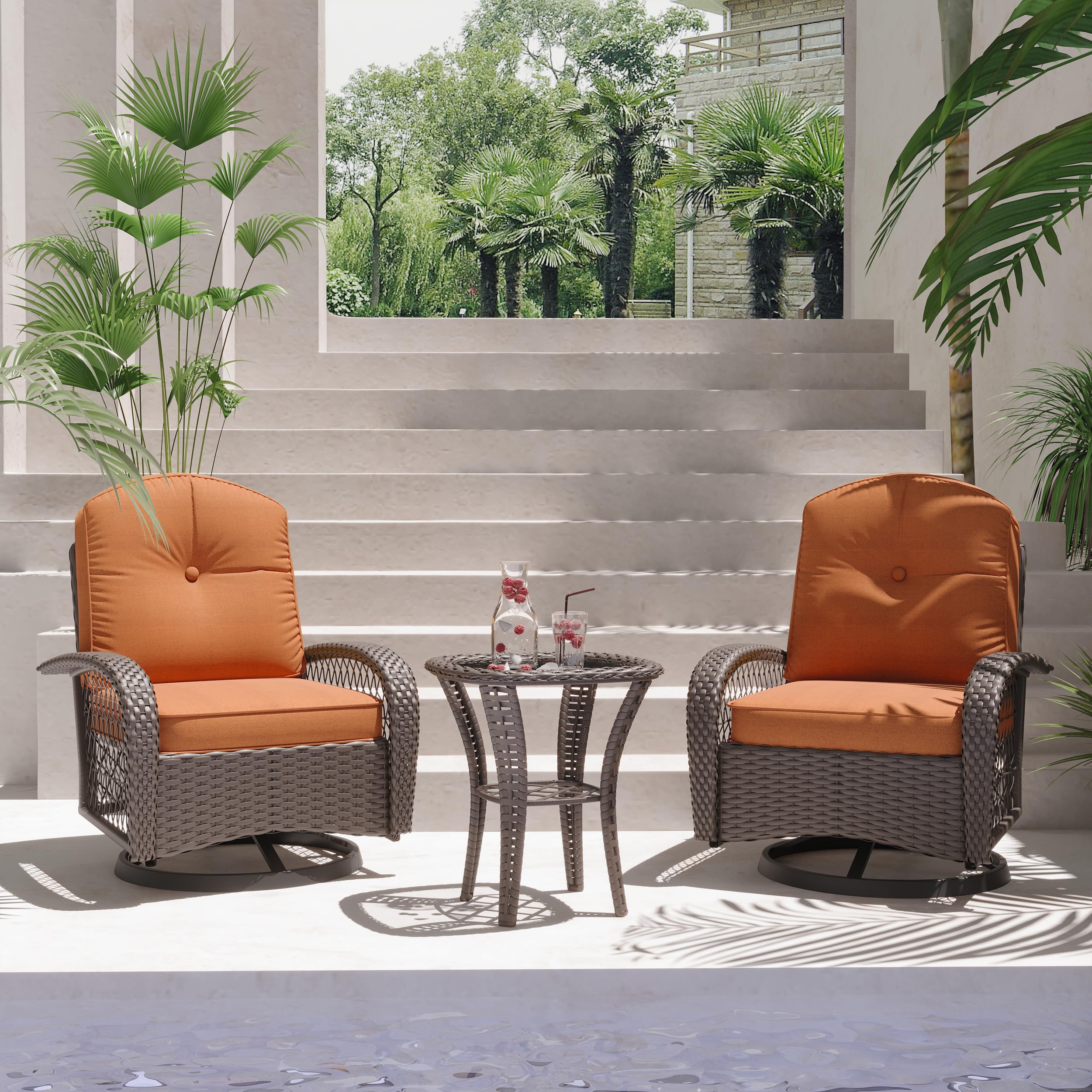 Apepro Patio Furniture Set,3 Pieces Outdoor Rocking Chair, Patio Wicker Chairs Set of 2,Patio Bistro Set with Premium Cushions and Coffee Table,Orange