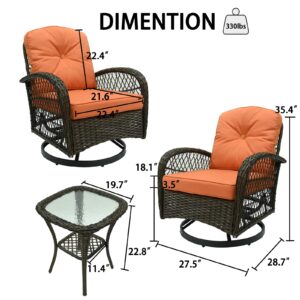 Apepro Patio Furniture Set,3 Pieces Outdoor Rocking Chair, Patio Wicker Chairs Set of 2,Patio Bistro Set with Premium Cushions and Coffee Table,Orange