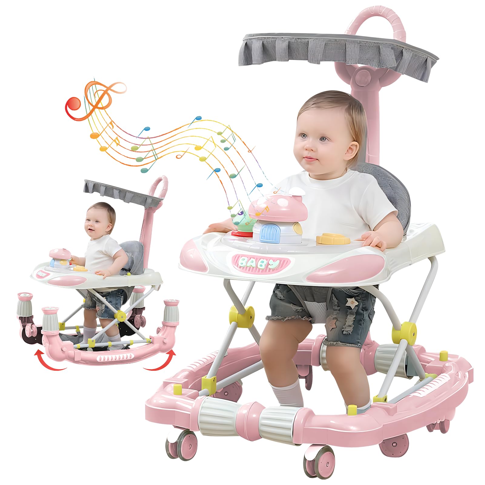 Dingdong Baby Walker - 4 in 1 Baby Walker with Wheels, Variable Rocking Horse, Walker for Baby Girl Adjustable Height (8-17in) and Width, Baby Walkers for Girls, Foot Pads/Handles, Portable Foldable