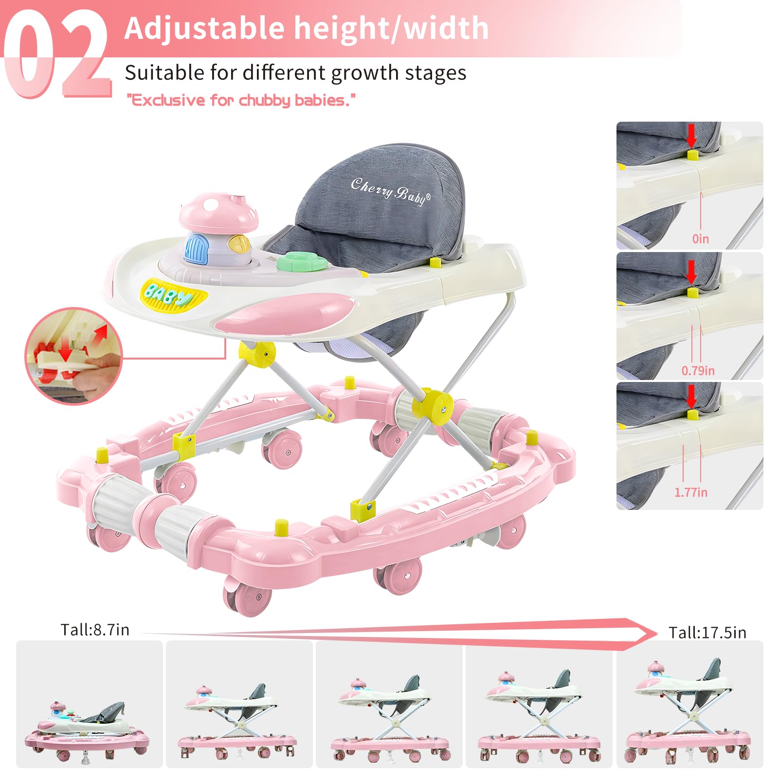 Dingdong Baby Walker - 4 in 1 Baby Walker with Wheels, Variable Rocking Horse, Walker for Baby Girl Adjustable Height (8-17in) and Width, Baby Walkers for Girls, Foot Pads/Handles, Portable Foldable