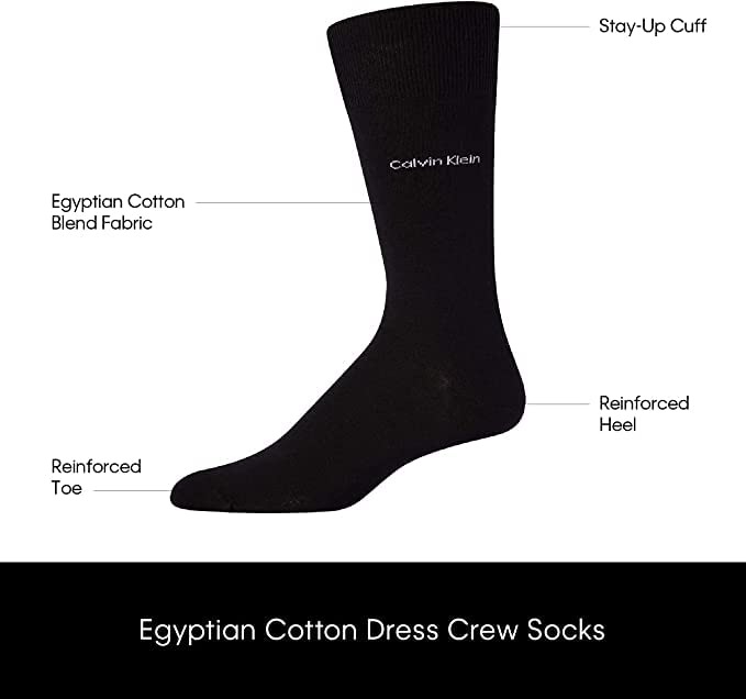 Calvin Klein Men's Dress Socks - Luxury Egyptian Cotton Blend Crew Socks (2 Pair), Size 7-12, All Black