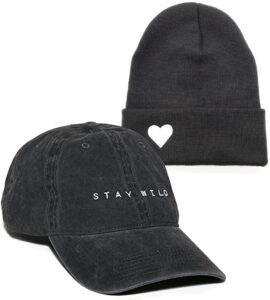 atticus poetry dad hat for women (stay wild black) and cuffed beanie for women (heart dark gray) - unisex fit, one size