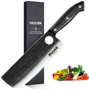 huusk knives from japan, nakiri knife vegetable cleaver, japanese premium high carbon steel hand forged sharp asian knife multipurpose chef knife medium-heavy duty for kitchen christmas gifts for dad