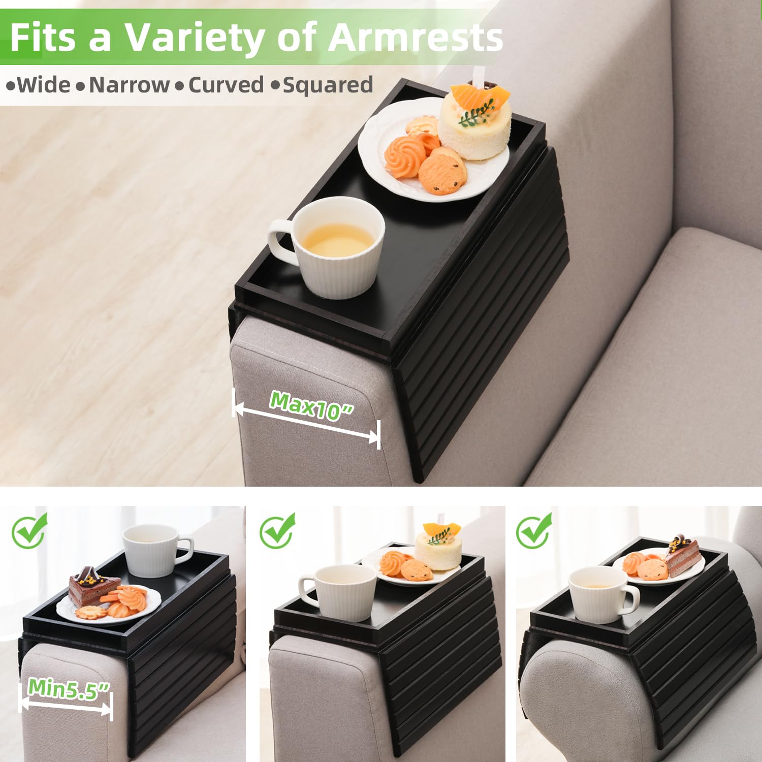 GEHE Sofa Arm Tray Bamboo Sofa Tray Table for Couch, Sofa Armrest Tray Table Anti-Slip Arm Table Clip On Tray Sofa Table, Couch Cup Holder for Snacks,Phone,Control,Cups,Flexible and Foldable