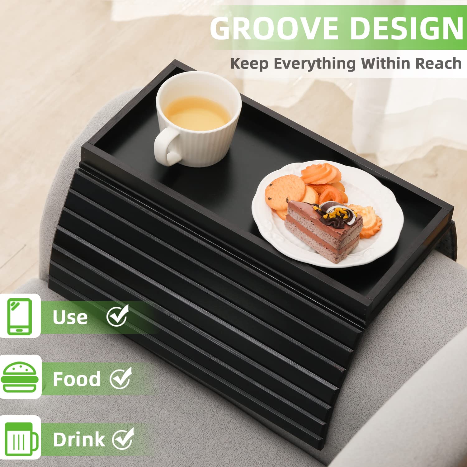 GEHE Sofa Arm Tray Bamboo Sofa Tray Table for Couch, Sofa Armrest Tray Table Anti-Slip Arm Table Clip On Tray Sofa Table, Couch Cup Holder for Snacks,Phone,Control,Cups,Flexible and Foldable