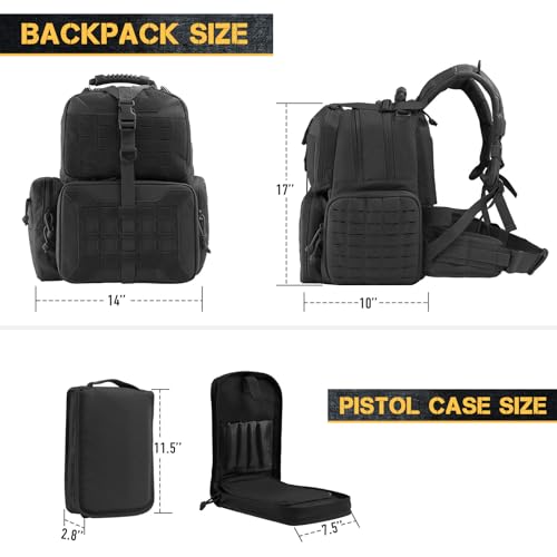 VOTAGOO Tactical Range Backpack, Gun Bag for Handguns and Ammo, 3 Pistol Carrying Cases for Hunting Shooting