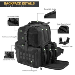 VOTAGOO Tactical Range Backpack, Gun Bag for Handguns and Ammo, 3 Pistol Carrying Cases for Hunting Shooting