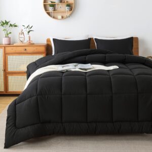 whatsbedding black queen comforter set, lightweight all season soft down alternative bed comforter, 3 pieces bedding set with 2 pillowcases, queen size, 88"x90"