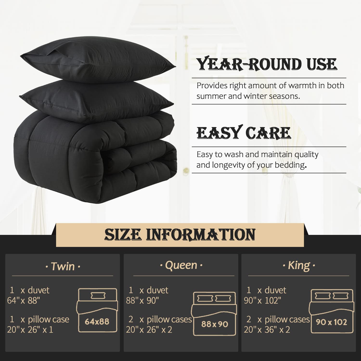 WhatsBedding Black Queen Comforter Set, Lightweight All Season Soft Down Alternative Bed Comforter, 3 Pieces Bedding Set with 2 Pillowcases, Queen Size, 88"x90"