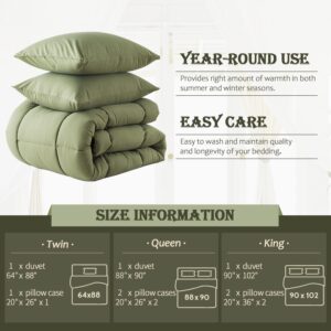 WhatsBedding Sage Green Comforter Set Queen Size, Lightweight All Season Soft Down Alternative Bed Comforter, 3 Pieces Bedding Set with 2 Pillowcases, Queen, 88"x90"