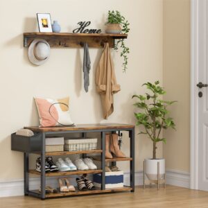 aiho hall tree shoe bench with storage, 4 in 1 coat rack set, industrial bench with 4 hooks, 5 storage shoe cubbies, for entryway, hallway, rustic brown