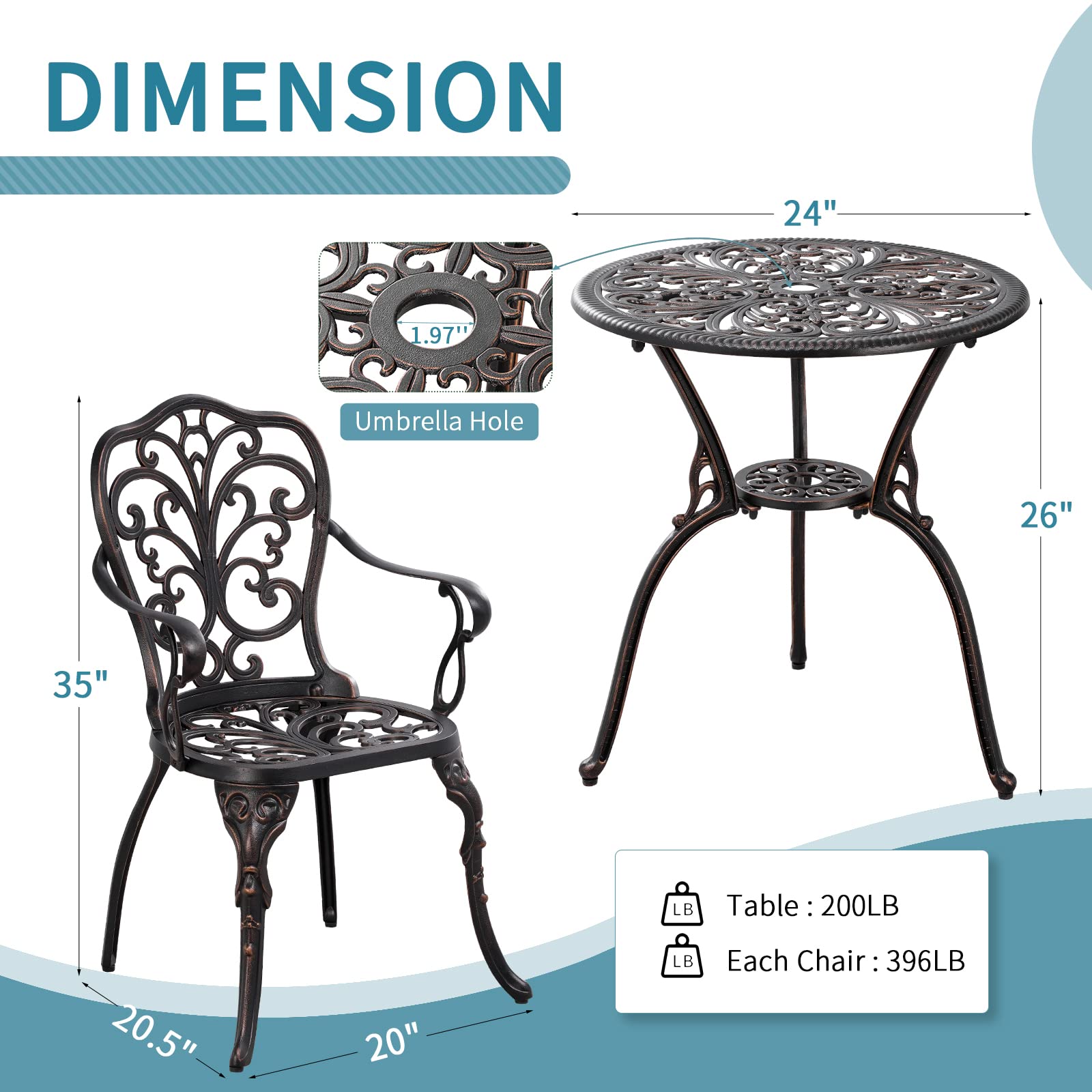 Bistro Set 3 Piece Outdoor Bistro Set, Cast Aluminum Bistro Table Set with Umbrella Hole, Anti Rust Bistro Table and Chairs Set of 2 for Front Porch, Balcony, Bronze