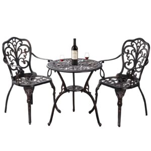 Bistro Set 3 Piece Outdoor Bistro Set, Cast Aluminum Bistro Table Set with Umbrella Hole, Anti Rust Bistro Table and Chairs Set of 2 for Front Porch, Balcony, Bronze