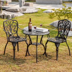 Bistro Set 3 Piece Outdoor Bistro Set, Cast Aluminum Bistro Table Set with Umbrella Hole, Anti Rust Bistro Table and Chairs Set of 2 for Front Porch, Balcony, Bronze