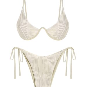 ZAFUL Women's Sexy Bikini Sets Two Piece Bathing Suit Tie Side Thong Adjustable Spaghetti Strap Swimsuits Beige M