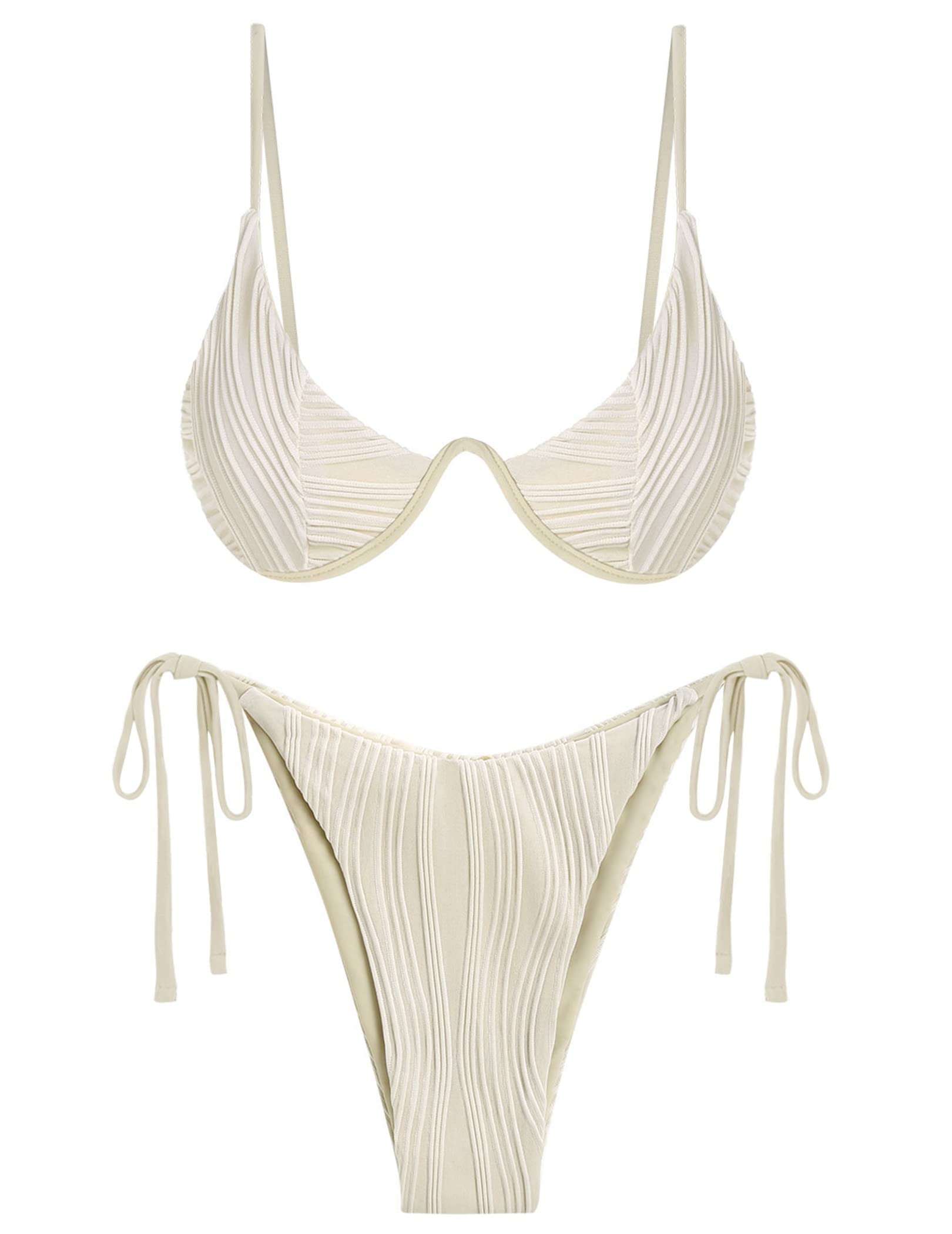 ZAFUL Women's Sexy Bikini Sets Two Piece Bathing Suit Tie Side Thong Adjustable Spaghetti Strap Swimsuits Beige M