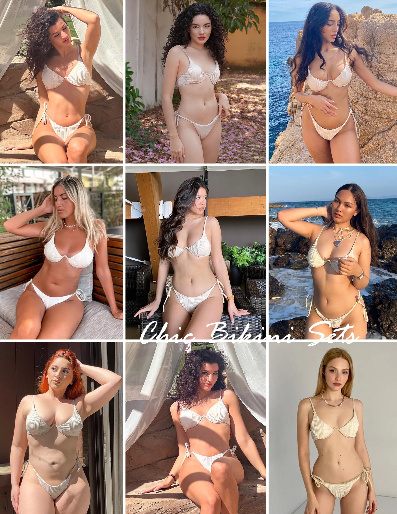 ZAFUL Women's Sexy Bikini Sets Two Piece Bathing Suit Tie Side Thong Adjustable Spaghetti Strap Swimsuits Beige M