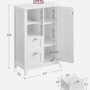 VASAGLE Bathroom Floor Storage Cabinet, Bathroom Cabinet Freestanding, Kitchen Cabinet, with Open Compartment, 2 Drawers, Adjustable Shelves, 11.8 x 21.7 x 31.5 Inches, White UBBC543P31