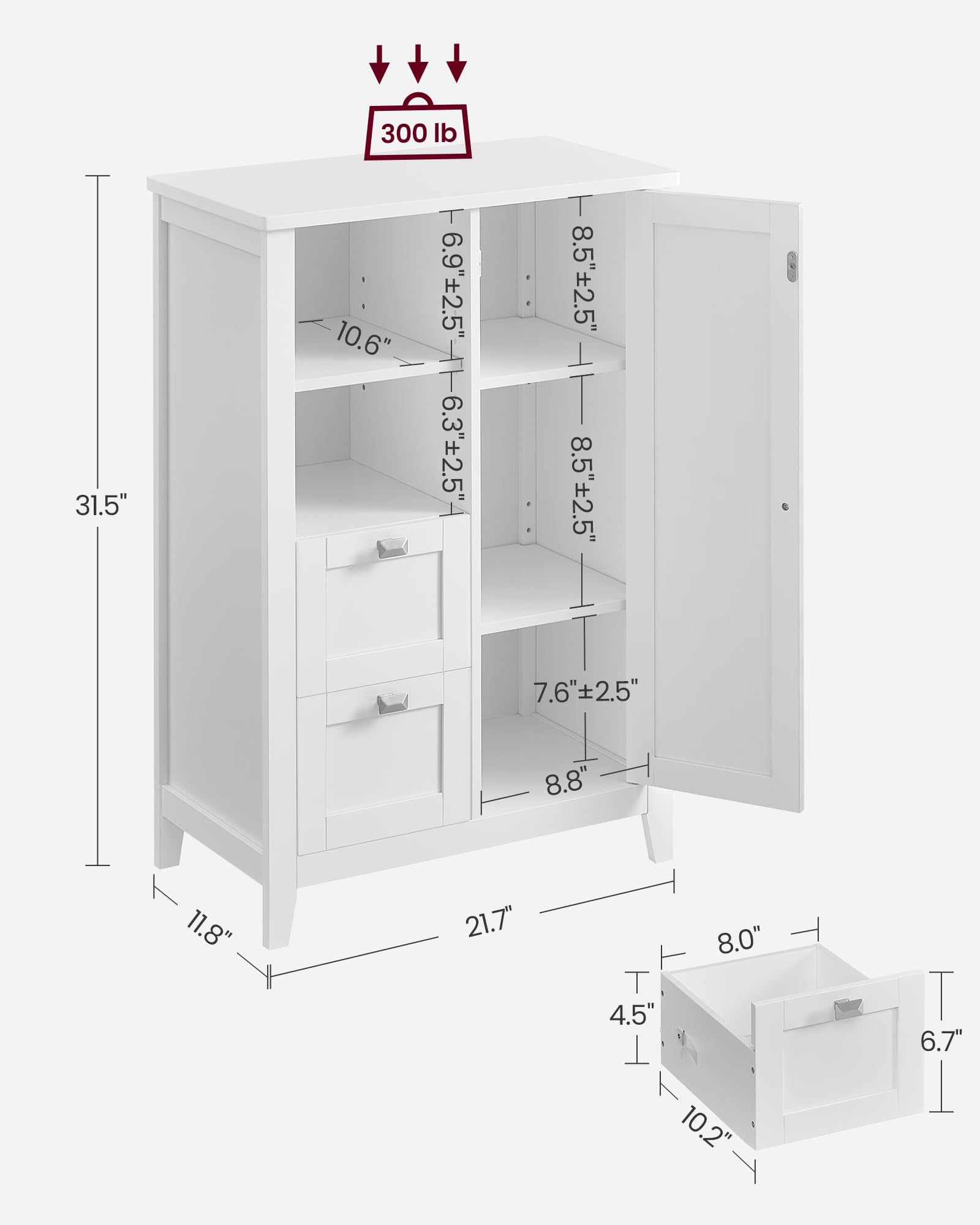 VASAGLE Bathroom Floor Storage Cabinet, Bathroom Cabinet Freestanding, Kitchen Cabinet, with Open Compartment, 2 Drawers, Adjustable Shelves, 11.8 x 21.7 x 31.5 Inches, White UBBC543P31