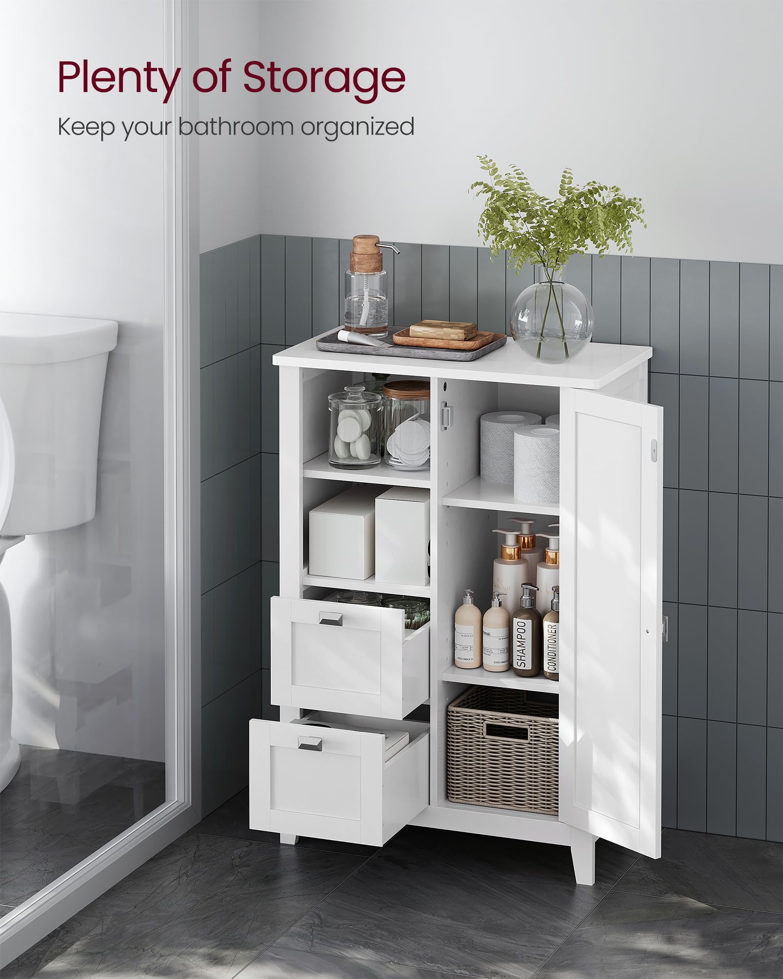 VASAGLE Bathroom Floor Storage Cabinet, Bathroom Cabinet Freestanding, Kitchen Cabinet, with Open Compartment, 2 Drawers, Adjustable Shelves, 11.8 x 21.7 x 31.5 Inches, White UBBC543P31