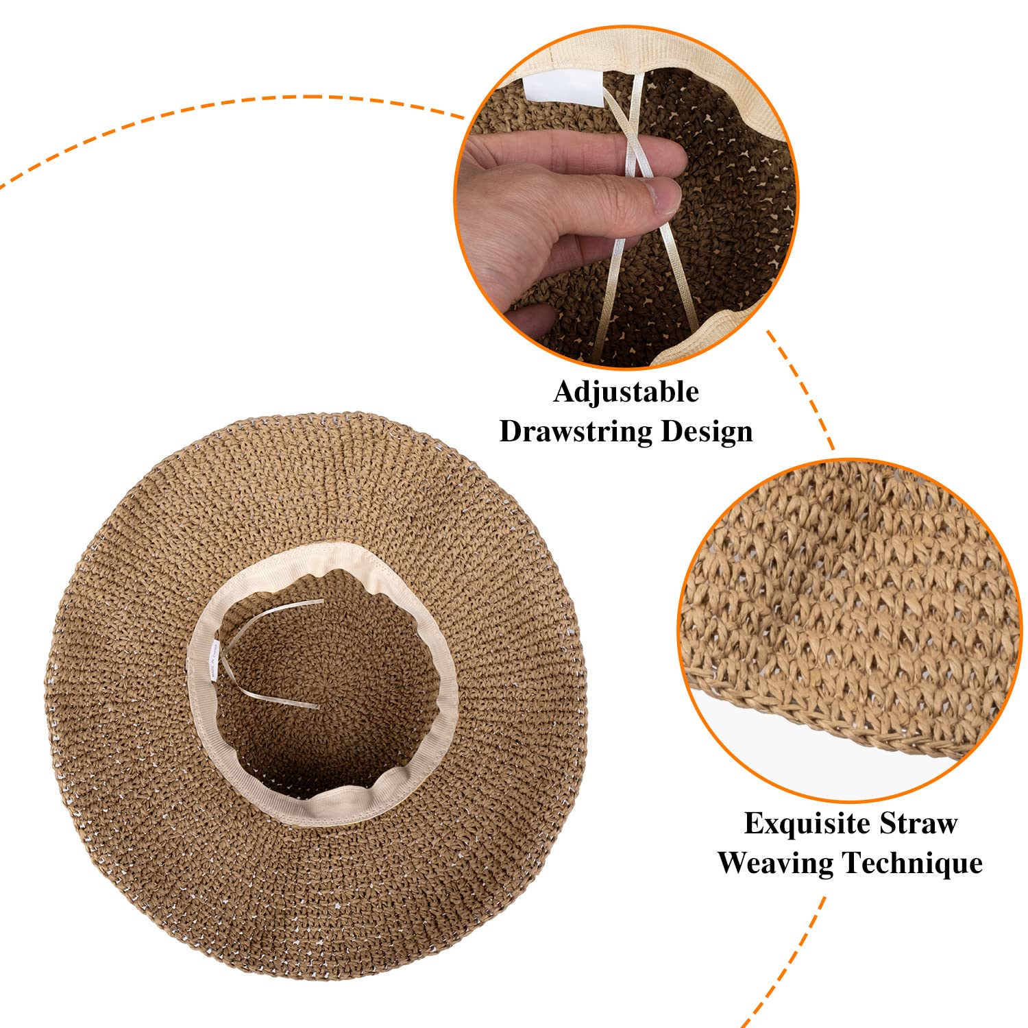 Women Floppy Straw Sun Hat Foldable Beach Hat Summer Packable Bucket Hat Wide Brim Cap