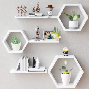 wooden hexagon floating shelves wall mounted - set of 6 pine wood hexagon shelves display for photos,plants,rustic honeycomb shelves for living room, bedroom,bathroom, kitchen, office, white.