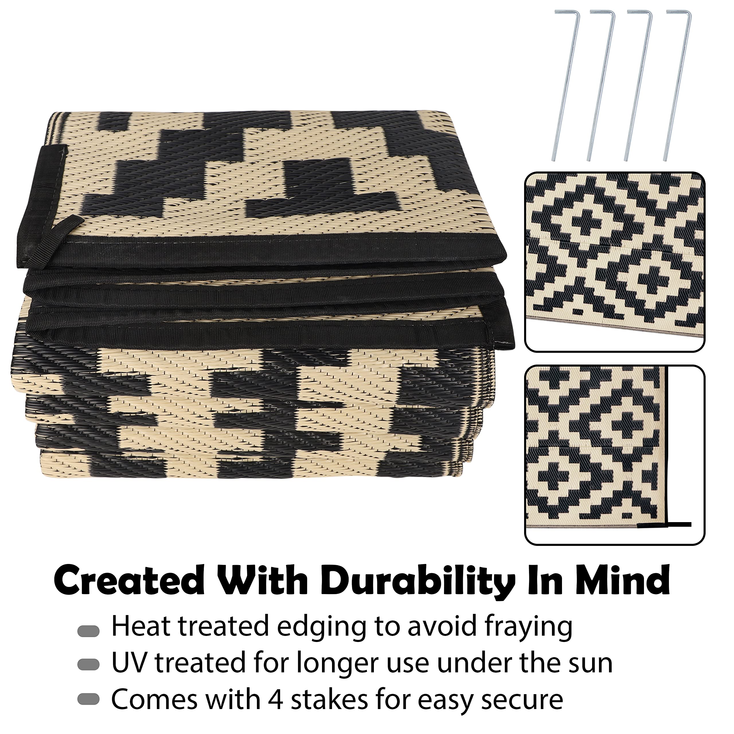 SAND MINE Reversible Mats, Plastic Straw Rug, Modern Area Rug, Large Floor Mat and Rug for Outdoors, RV, Patio, Backyard, Deck, Picnic, Beach, Trailer, Camping, Black & Beige, 6' x 9'