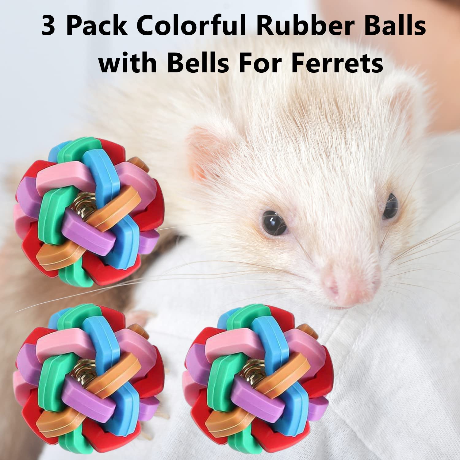 3 Pack Ferret Toys Balls - Colorful Bouncy Rubber Balls with Built-in Bell Ferret Teeth Grinding Wiggle Ball Interactive Sound Toy Exercise Scratch Chew Toys for Indoor Pet Ferret Cat Dog (3 Pack)