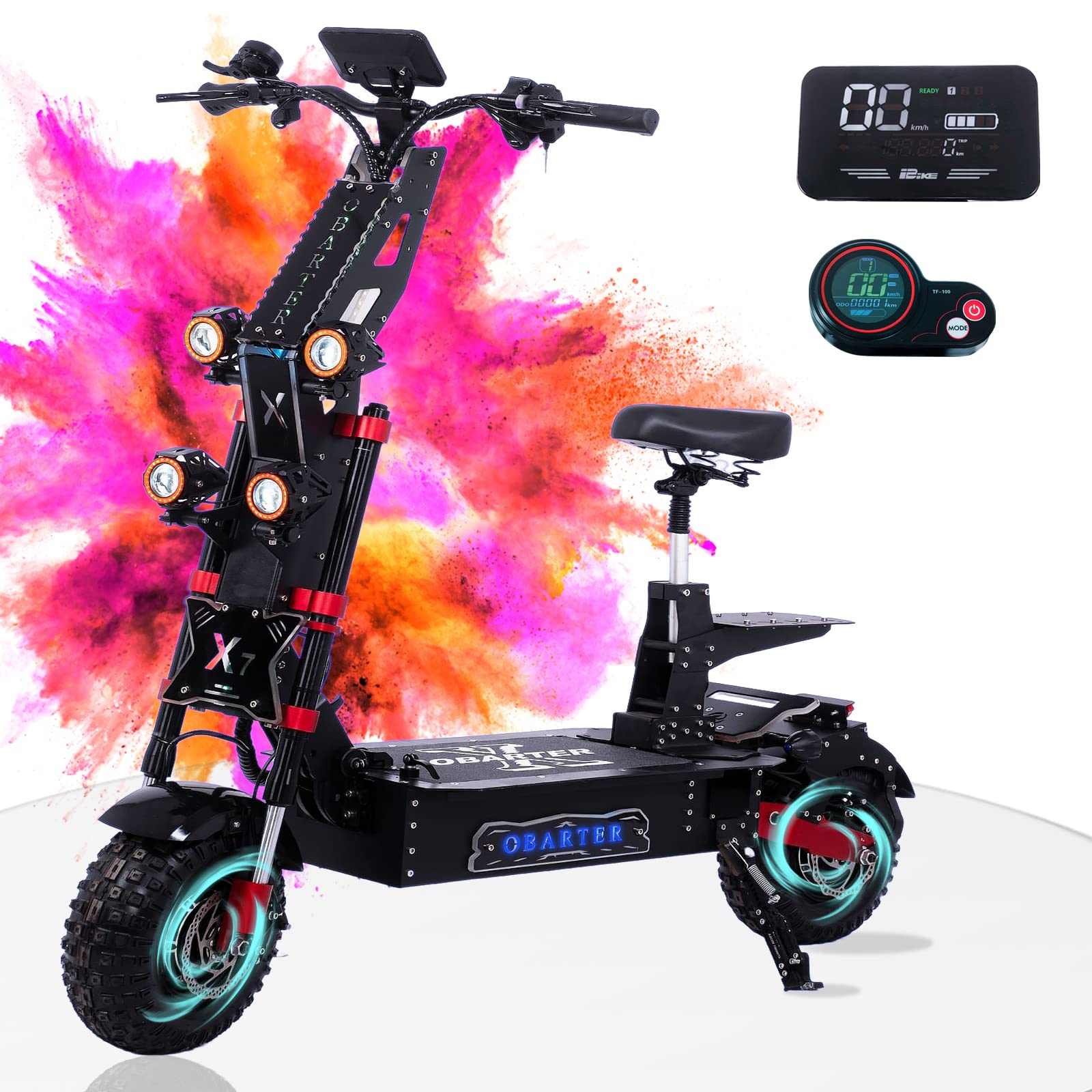 Electric Scooter, Adult high Power Dual Motor Professional Folding Off Road 14inch Fat tire Large Two Wheeled Vehicle,OBARTER X7,8000W 60AH60V,Ideal Condition Speed 56MPH,Range 125 Miles (with seat)