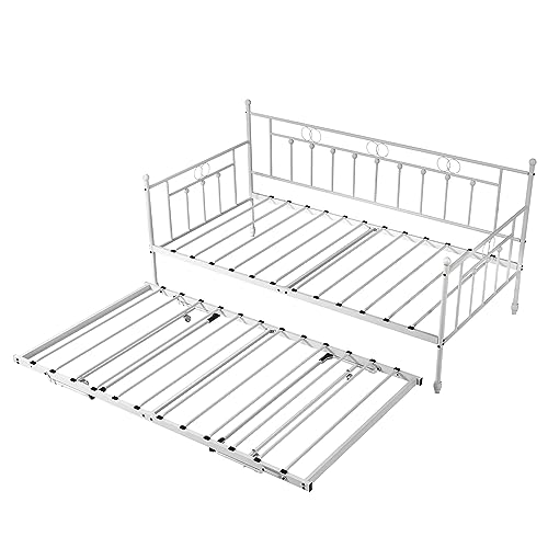 FULLJOJOR Twin Day Bed with Trundle Bed Twin, Metal Daybed with Trundle, Daybed with Pop Up Trundle Bed Frame, Steel Slat Support Sofa Bed for Kids Teens Adults, No Box Spring Needed