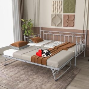 fulljojor twin day bed with trundle bed twin, metal daybed with trundle, daybed with pop up trundle bed frame, steel slat support sofa bed for kids teens adults, no box spring needed