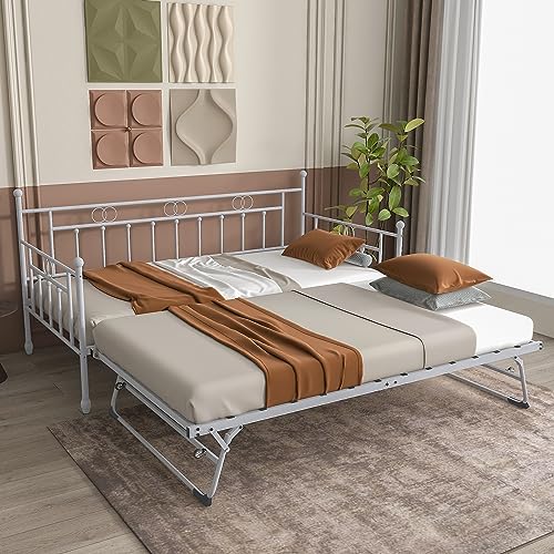 FULLJOJOR Twin Day Bed with Trundle Bed Twin, Metal Daybed with Trundle, Daybed with Pop Up Trundle Bed Frame, Steel Slat Support Sofa Bed for Kids Teens Adults, No Box Spring Needed