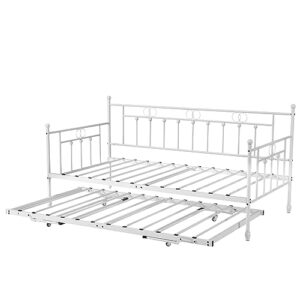 FULLJOJOR Twin Day Bed with Trundle Bed Twin, Metal Daybed with Trundle, Daybed with Pop Up Trundle Bed Frame, Steel Slat Support Sofa Bed for Kids Teens Adults, No Box Spring Needed