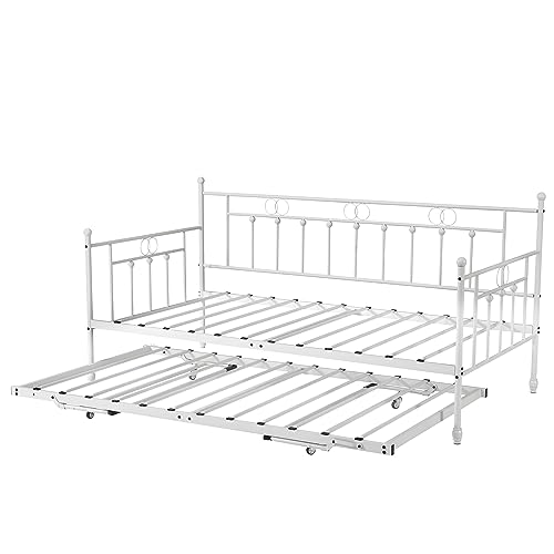 FULLJOJOR Twin Day Bed with Trundle Bed Twin, Metal Daybed with Trundle, Daybed with Pop Up Trundle Bed Frame, Steel Slat Support Sofa Bed for Kids Teens Adults, No Box Spring Needed