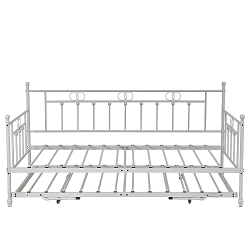 FULLJOJOR Twin Day Bed with Trundle Bed Twin, Metal Daybed with Trundle, Daybed with Pop Up Trundle Bed Frame, Steel Slat Support Sofa Bed for Kids Teens Adults, No Box Spring Needed