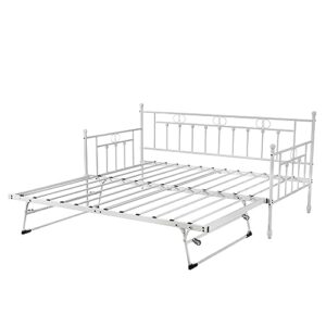 FULLJOJOR Twin Day Bed with Trundle Bed Twin, Metal Daybed with Trundle, Daybed with Pop Up Trundle Bed Frame, Steel Slat Support Sofa Bed for Kids Teens Adults, No Box Spring Needed