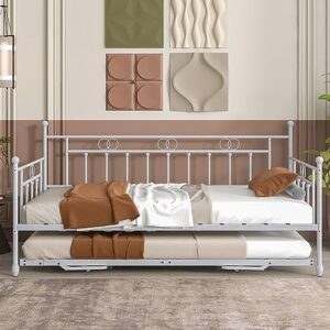 FULLJOJOR Twin Day Bed with Trundle Bed Twin, Metal Daybed with Trundle, Daybed with Pop Up Trundle Bed Frame, Steel Slat Support Sofa Bed for Kids Teens Adults, No Box Spring Needed