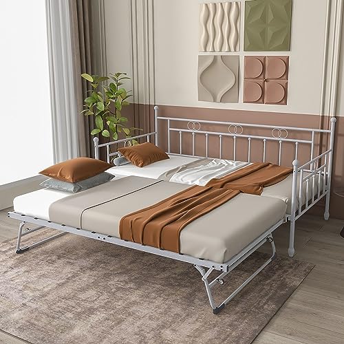 FULLJOJOR Twin Day Bed with Trundle Bed Twin, Metal Daybed with Trundle, Daybed with Pop Up Trundle Bed Frame, Steel Slat Support Sofa Bed for Kids Teens Adults, No Box Spring Needed