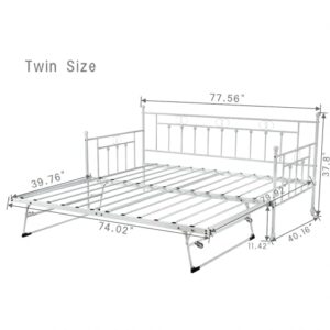 FULLJOJOR Twin Day Bed with Trundle Bed Twin, Metal Daybed with Trundle, Daybed with Pop Up Trundle Bed Frame, Steel Slat Support Sofa Bed for Kids Teens Adults, No Box Spring Needed