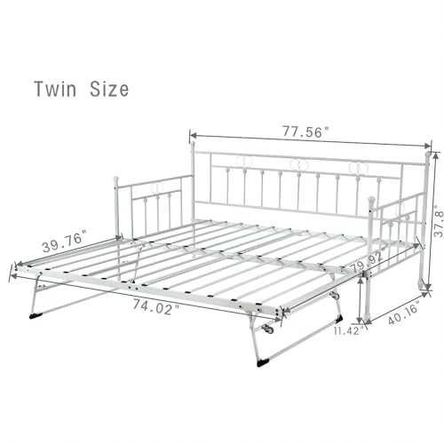 FULLJOJOR Twin Day Bed with Trundle Bed Twin, Metal Daybed with Trundle, Daybed with Pop Up Trundle Bed Frame, Steel Slat Support Sofa Bed for Kids Teens Adults, No Box Spring Needed