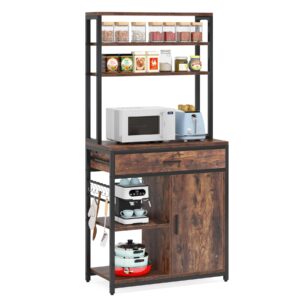 little tree bakers racks for kitchen with cabinet, large capacity microwave stand with drawers, 6-tier kitchens utility storage shelves with side hooks, rustic brown