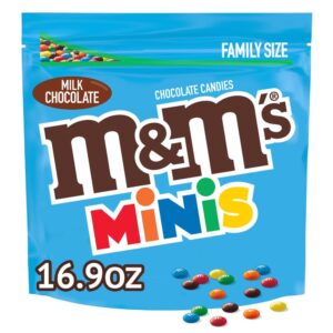 m&m's minis milk chocolate candy, family size, 16.9 oz resealable bulk candy bag