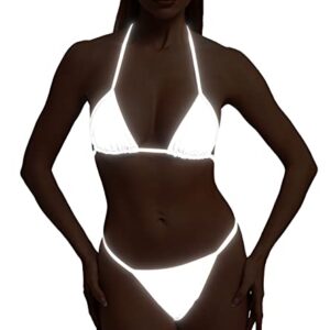 Reflective Rave Outfits for Women - Sexy Shiny Festival Halter Triangle Top Thong EDM Night Metallic Bikini Set(Silver,XS,1036e)