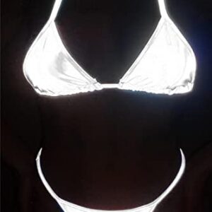 Reflective Rave Outfits for Women - Sexy Shiny Festival Halter Triangle Top Thong EDM Night Metallic Bikini Set(Silver,XS,1036e)