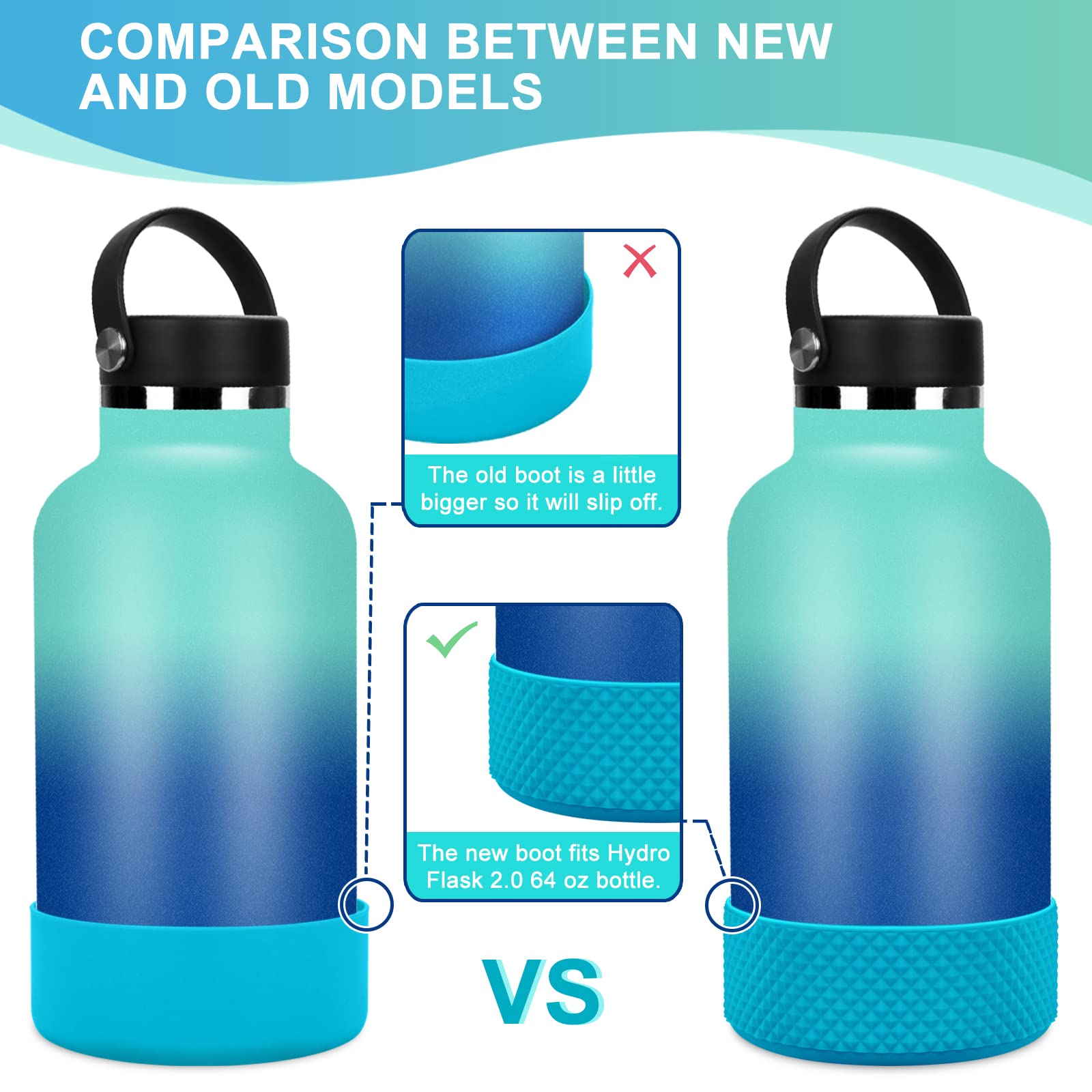 GLINK Bottle Boot, Compatible with Hydro Flask 2.0 Wide Mouth 64 oz Water Bottle and Others, Protective Silicone Bottom Sleeve Cover, Anti-Slip Flex Boot with Diamond Texture (Laguna)