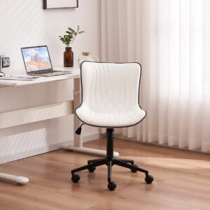 YOUNIKE Office Chair, Armless Desk Chair with Wheels, Home Office Computer Task Chairs, Modern Faux Leather Upholstered Vanity Chair, Adjustable Swivel Rocking Office Chair with Back, White