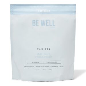 be well by kelly vanilla plant-based protein powder, vegan 20g of protein & 8g of fiber (3 ingredients, 20 servings) 9 amino acids + 3 bcaas no soy, no dairy, stevia-free, no sugar added 1.68lb 760g