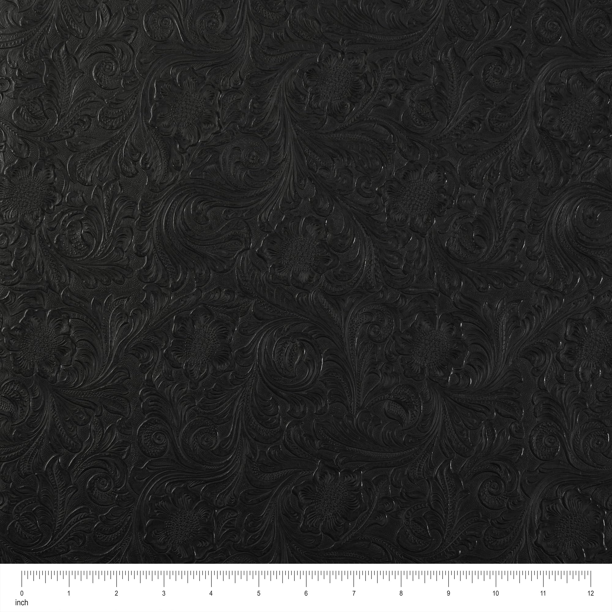 Tooled Faux Leather Western Cowboy, Floral Embossed Vinyl, Craft DIY and Upholstery Textured PU Pleather Fabric - One Foot 12"x54" (Black)