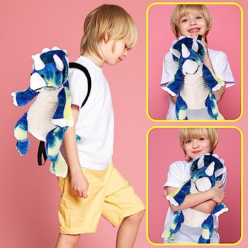 ArtCreativity Plush Dinosaur Backpack, 22" Stuffed Animal Backpack in the Shape of a Triceratops, Plushie Dinosaur Backpack for Toddlers, Blue and Yellow tie dye Colors. Adjustable Nylon Straps